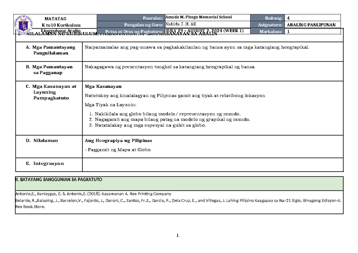 DLL Matatag Araling Panlipunan 4 Q1 W1: Heograpiya at Mapa ng Bansa ...