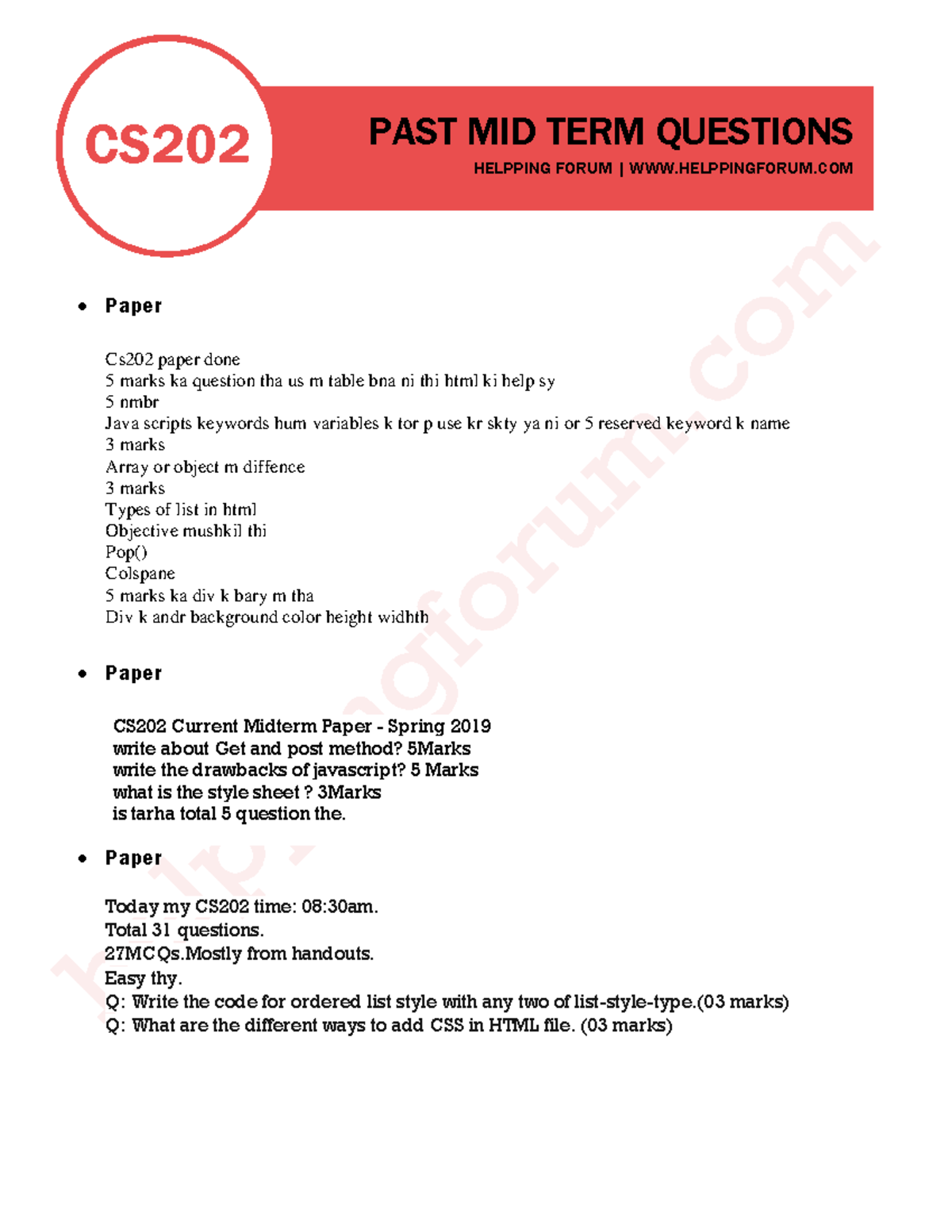 CS202 Midterm Past Paper Questions & Answers Guide - Studocu