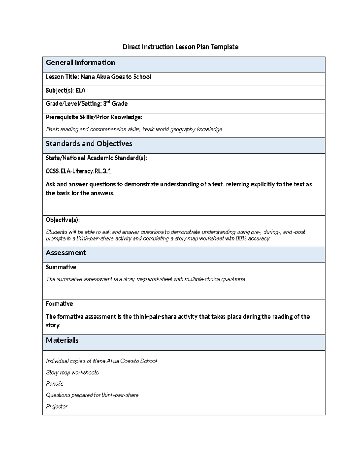Lesson Plan for ELA 3rd Grade: Nana Akua Goes to School - Studocu