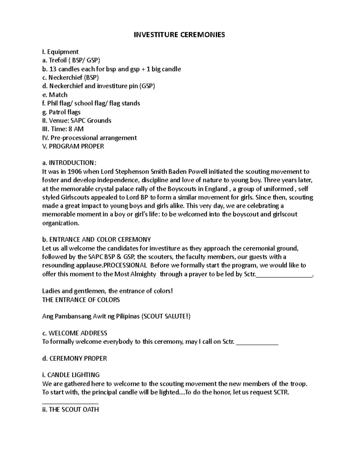 BSP-GSP Investiture Ceremony Program & Guidelines - Studocu