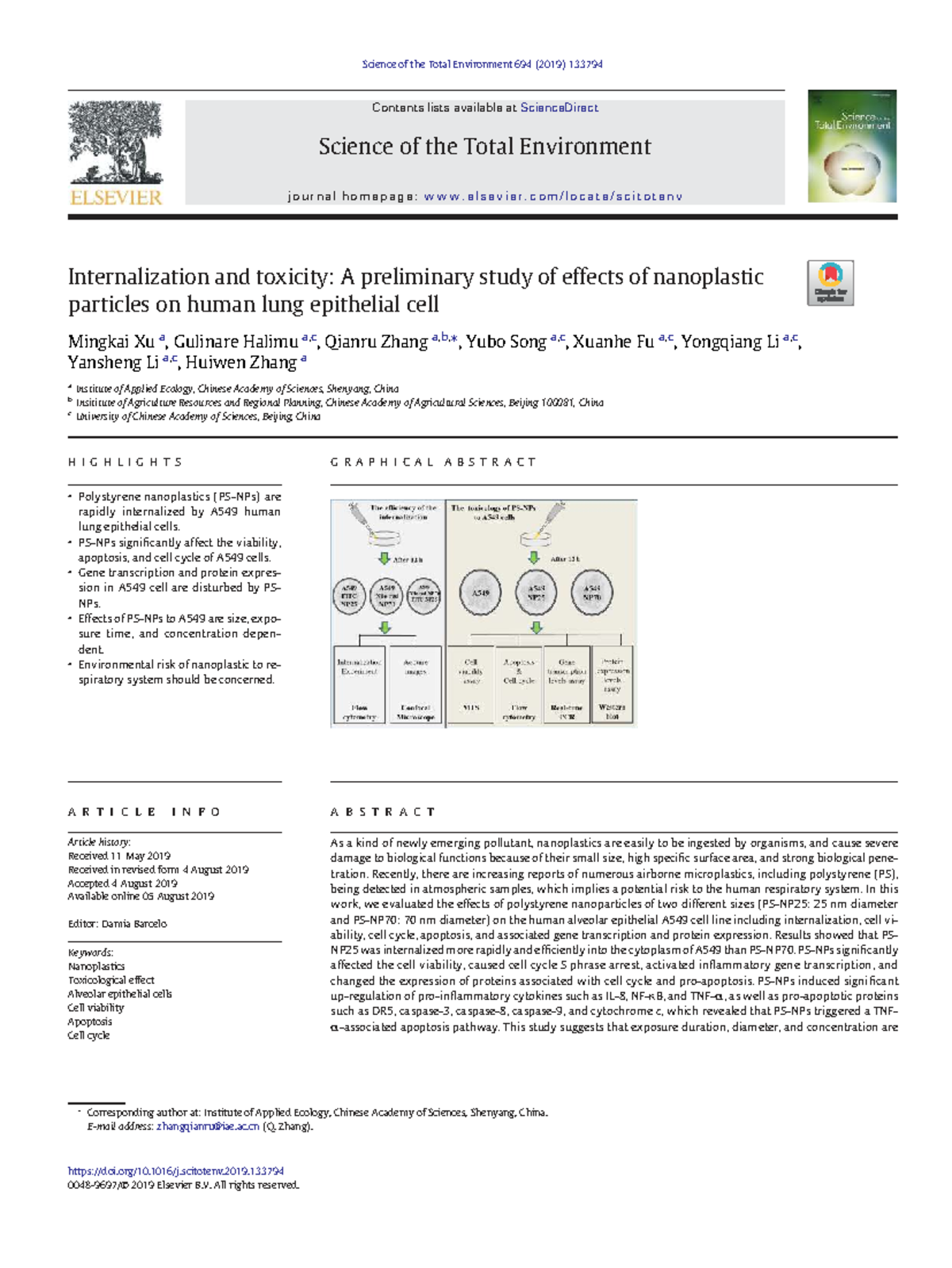 Internalization and Toxicity of Nanoplastics on A549 Cells (ENV 694 ...