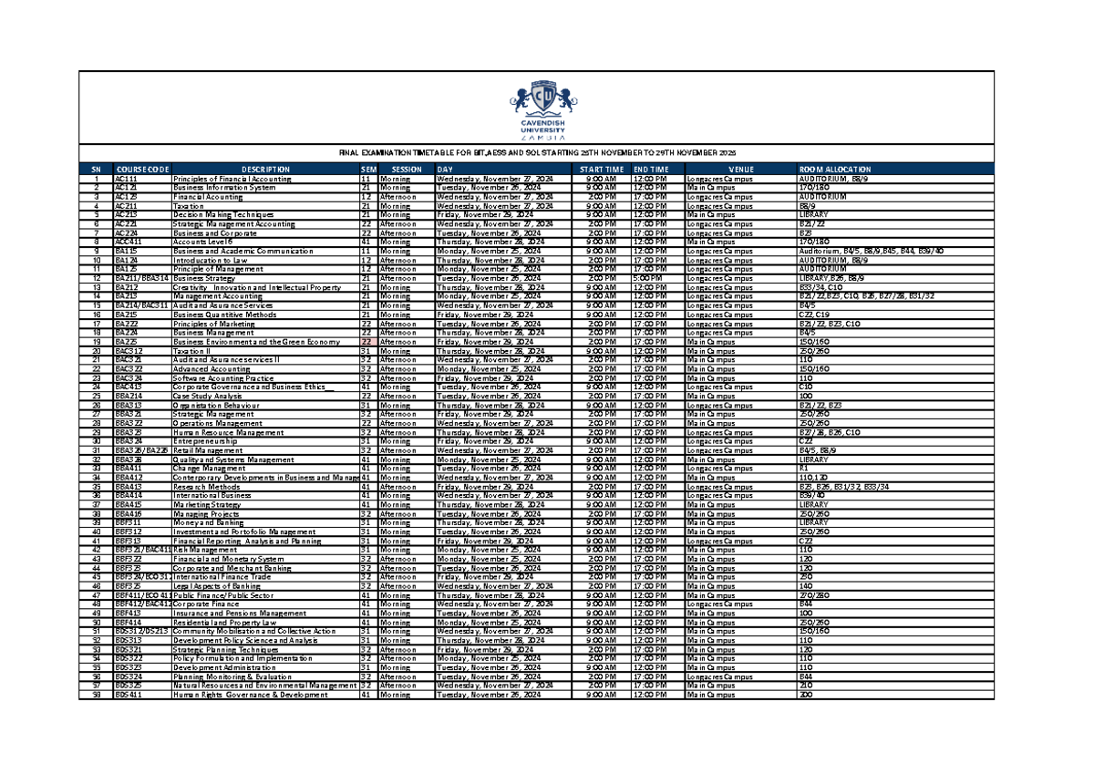 BIT AESS Law Final Exam Timetable for November 2024 - Studocu
