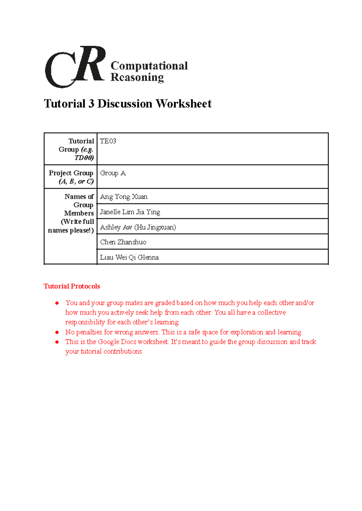 Tutorial 3 Discussion Worksheet - Tutorial 3 Discussion Worksheet ...