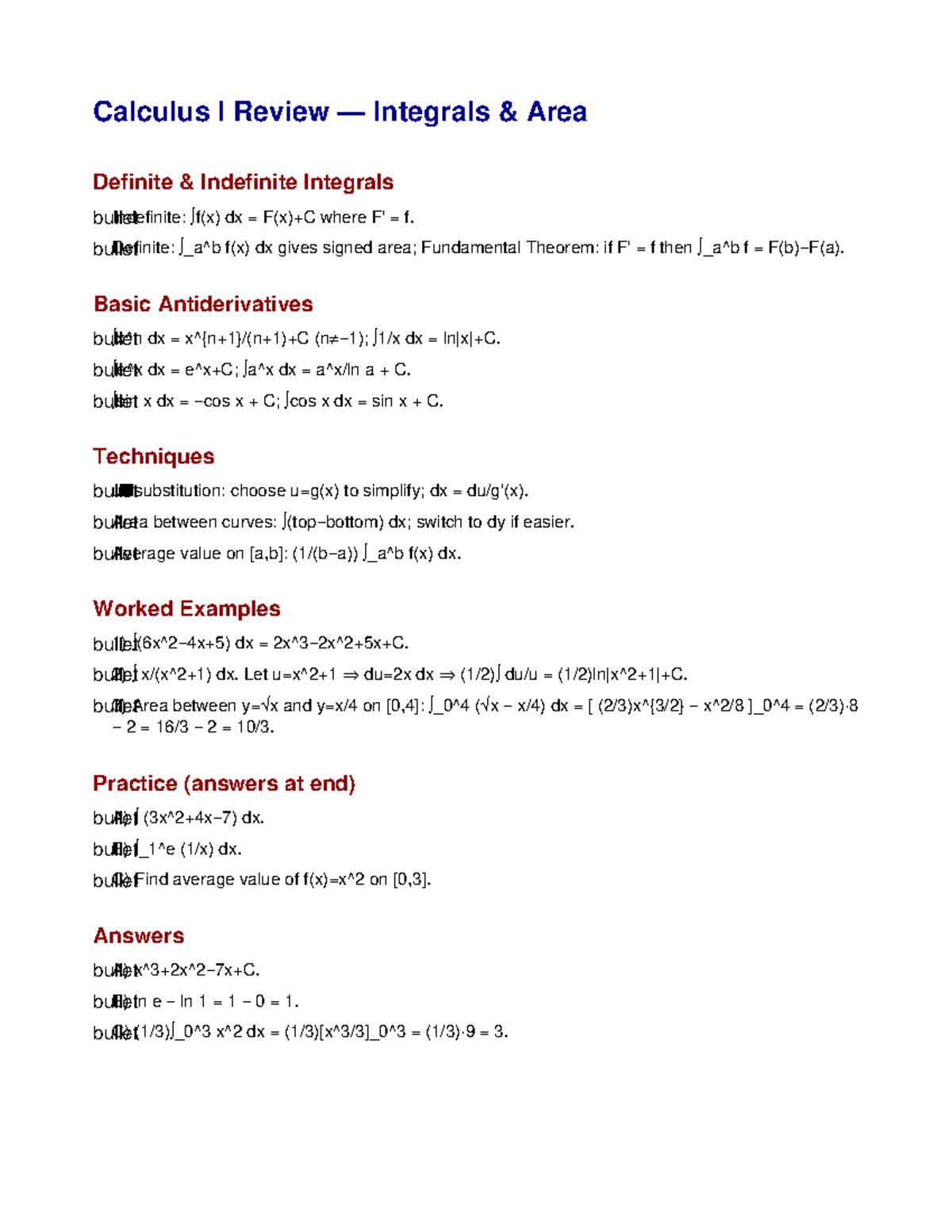 Calculus I (MATH 101) Final Exam Review: Integrals & Area - Studocu