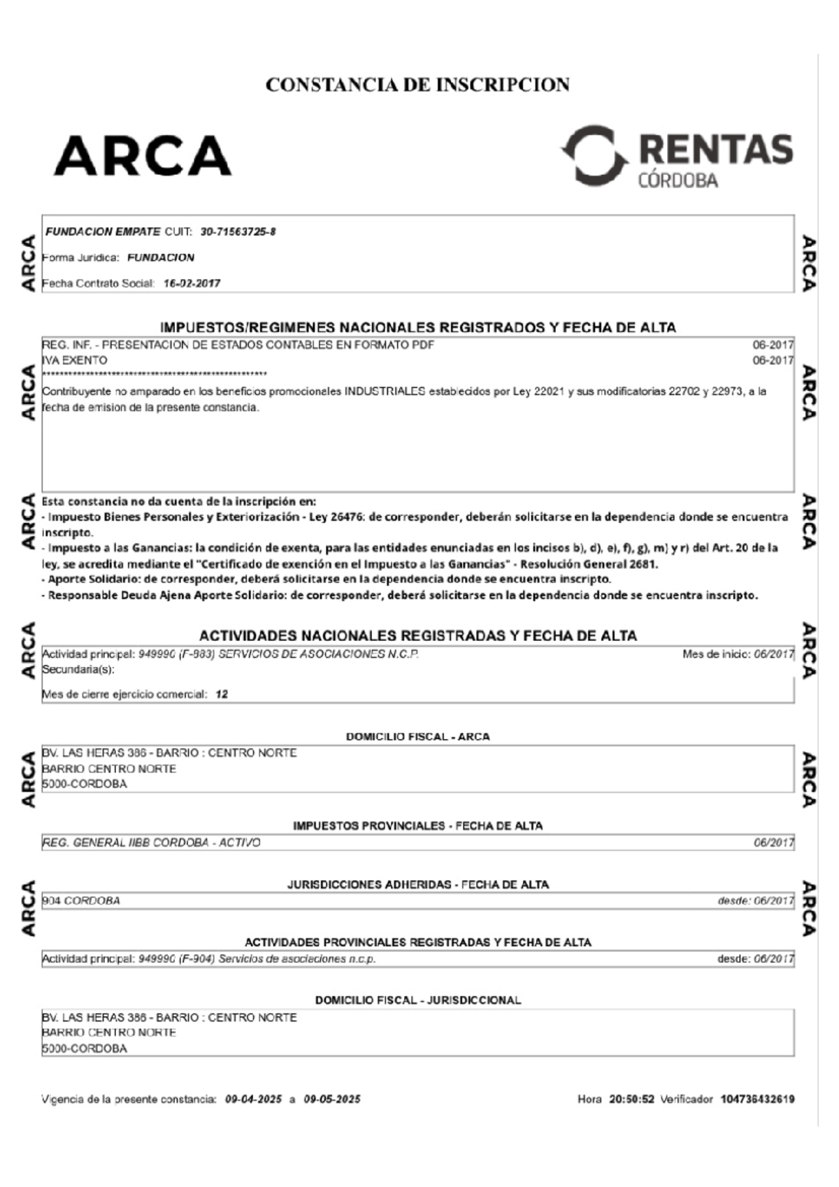 CONSTANCIA DE INSCRIPCIÓN ARCA RENTAS CÓRDOBA - FUNDACIÓN EMPATE - Studocu
