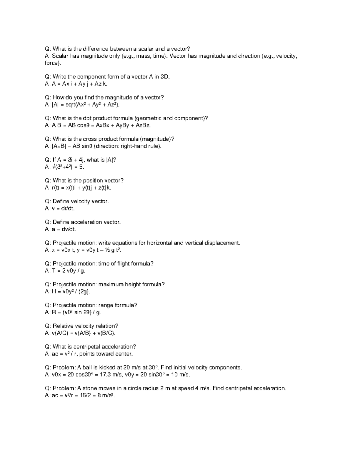 Physics Ch3 & Ch4 Flashcards: Scalars, Vectors & Projectile Motion ...