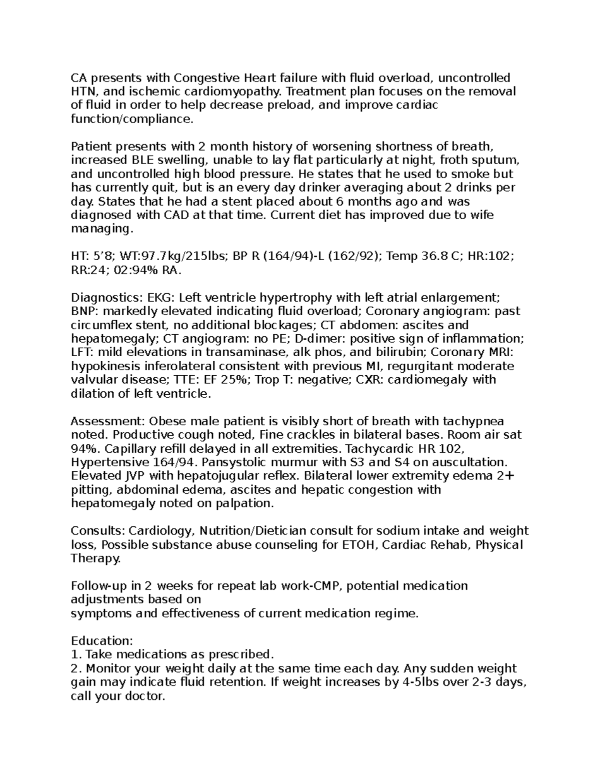 Week 2 IHuman SOAP Note: Management of Fluid Overload in CHF - Studocu