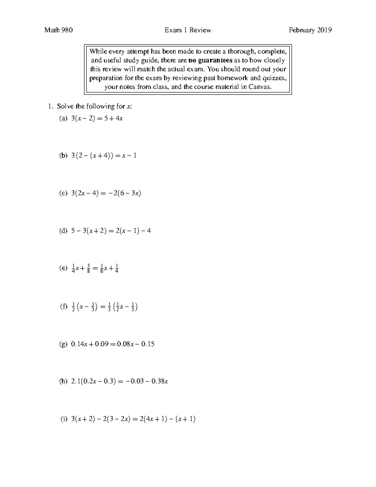 Math 980 Exam 1 Review Study Guide - February 2019 - Studocu