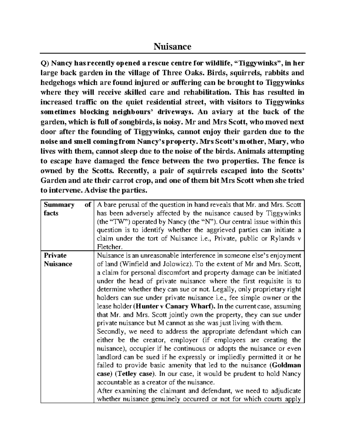 Nuisance Analysis and Model Answers for Legal Claims - Studocu