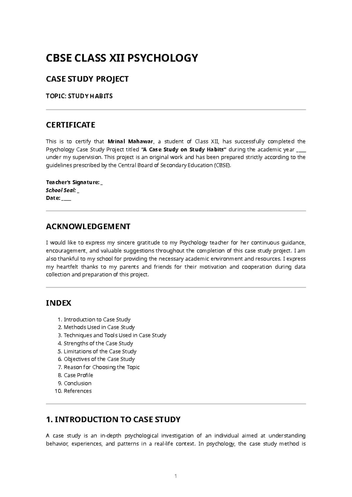CBSE Class XII Psychology Case Study: Analyzing Study Habits - Studocu