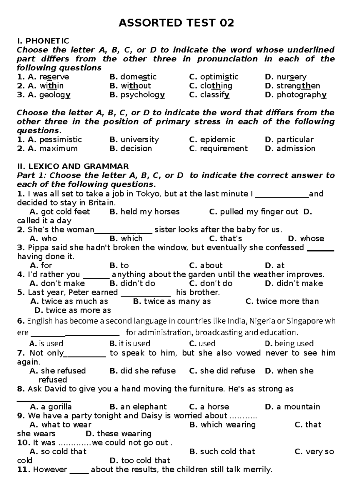 Assorted Test 02 - Phonetics, Lexico & Grammar Practice - Studocu
