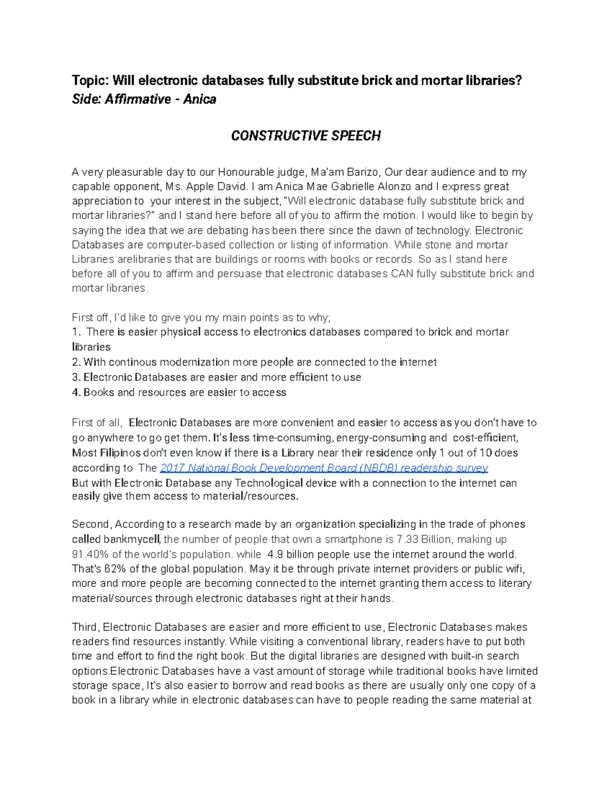 Debate Constructive Speech: Will Electronic Databases Replace Libraries ...