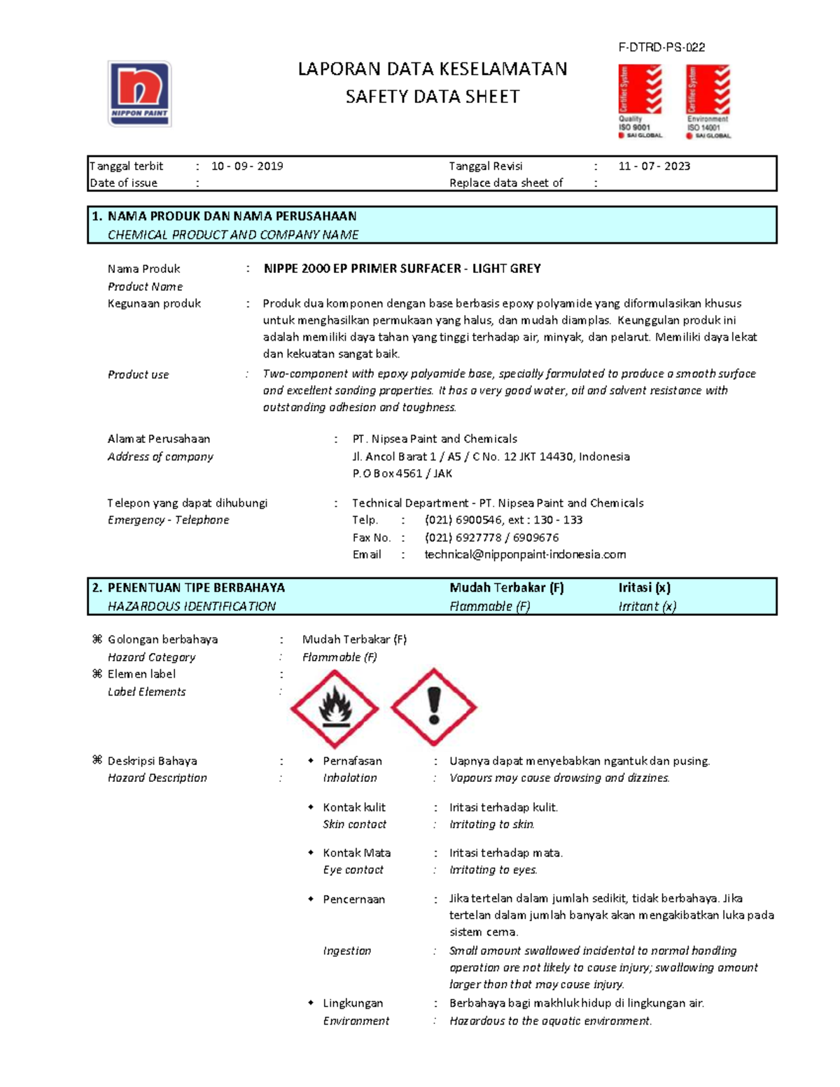 RS1278 Safety Data Sheet for Nippe 2000 EP Primer Surfacer - Studocu