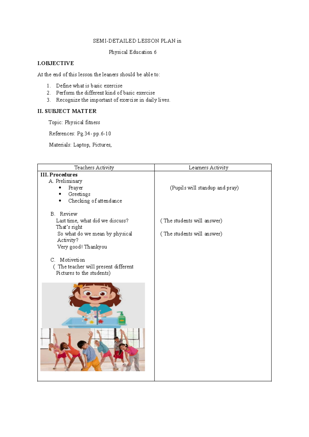 Physical Education 6: Detailed Lesson Plan on Basic Exercises - Studocu