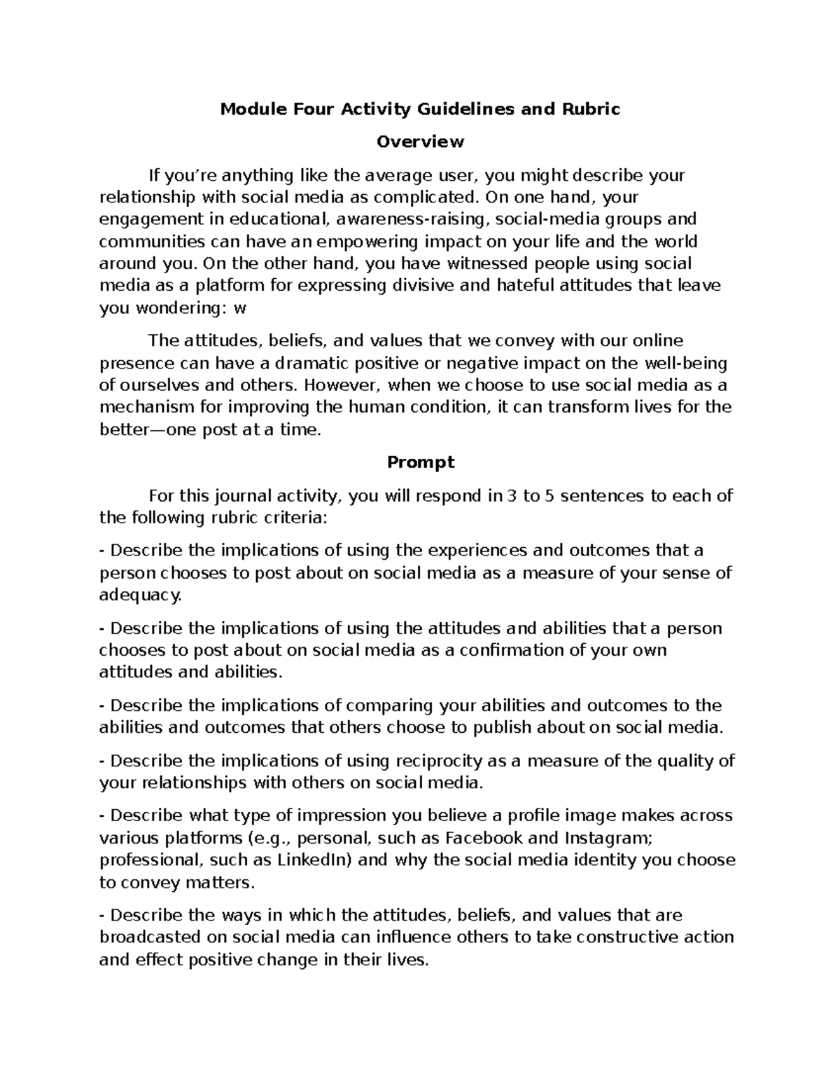 Theories of Social Psychology: Module 4 Activity Guidelines & Rubric ...