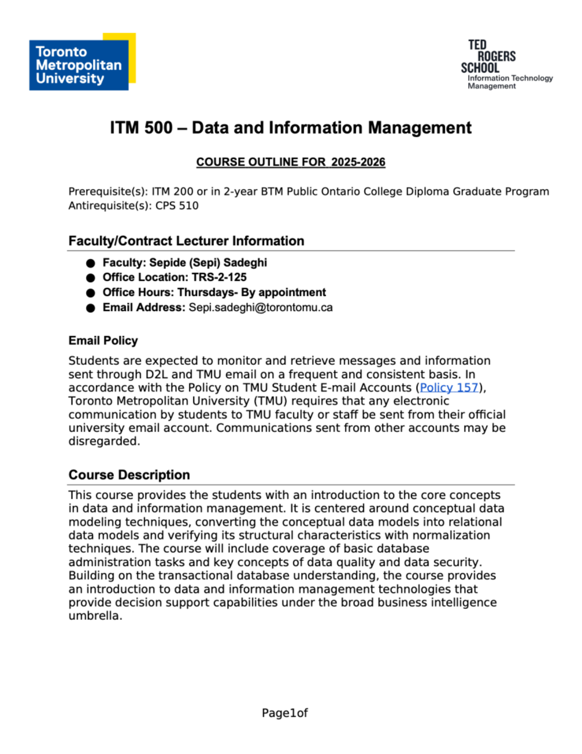 ITM 500 Course Outline: Data and Information Management at TMU - Studocu