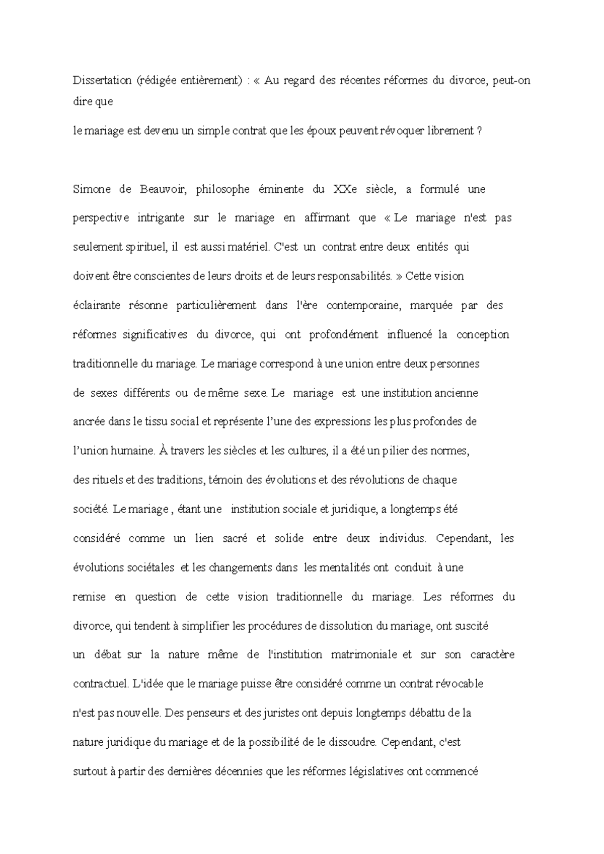 Dissertation (TD) : Le mariage comme contrat révocable à l'ère des ...