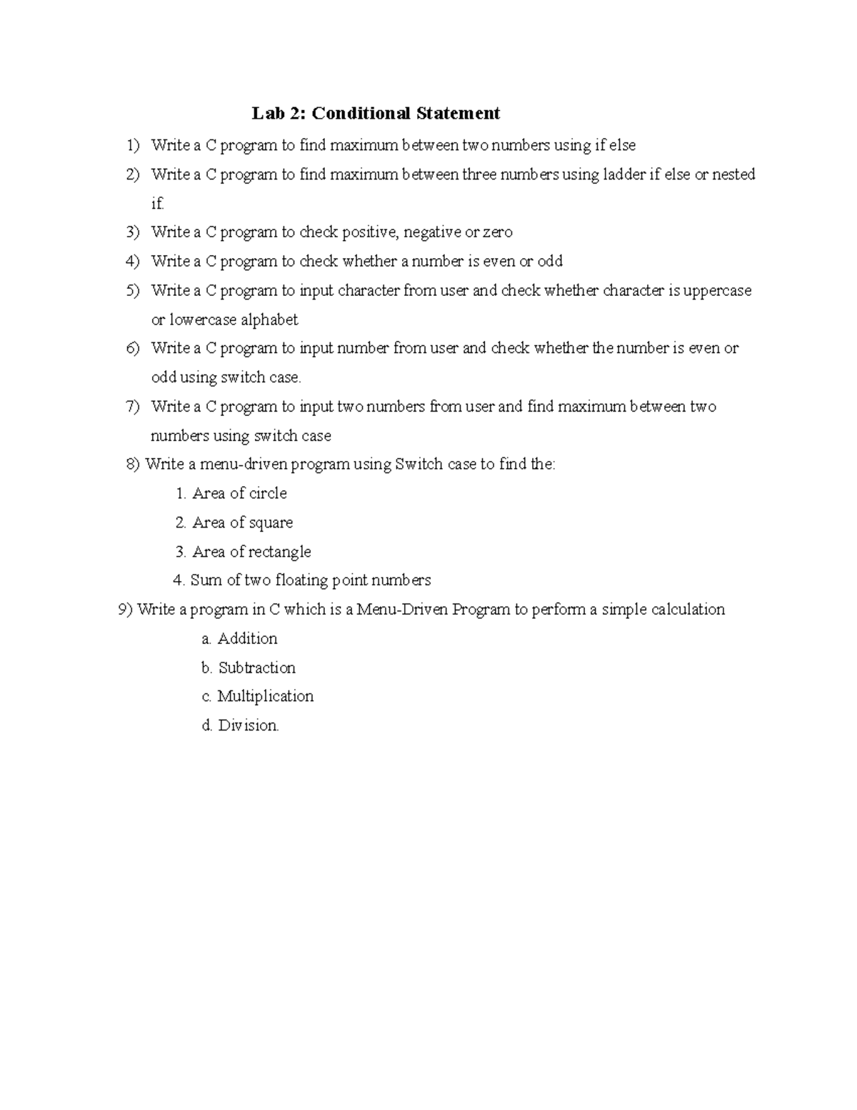 Lab 2: C Programming Conditional Statements and Operations - Studocu