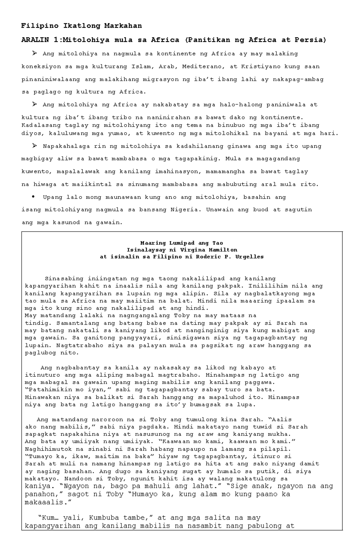Filipino Ikatlong Markahan-modyul 1 - Filipino Ikatlong Markahan ARALIN 1:Mitolohiya mula sa ...
