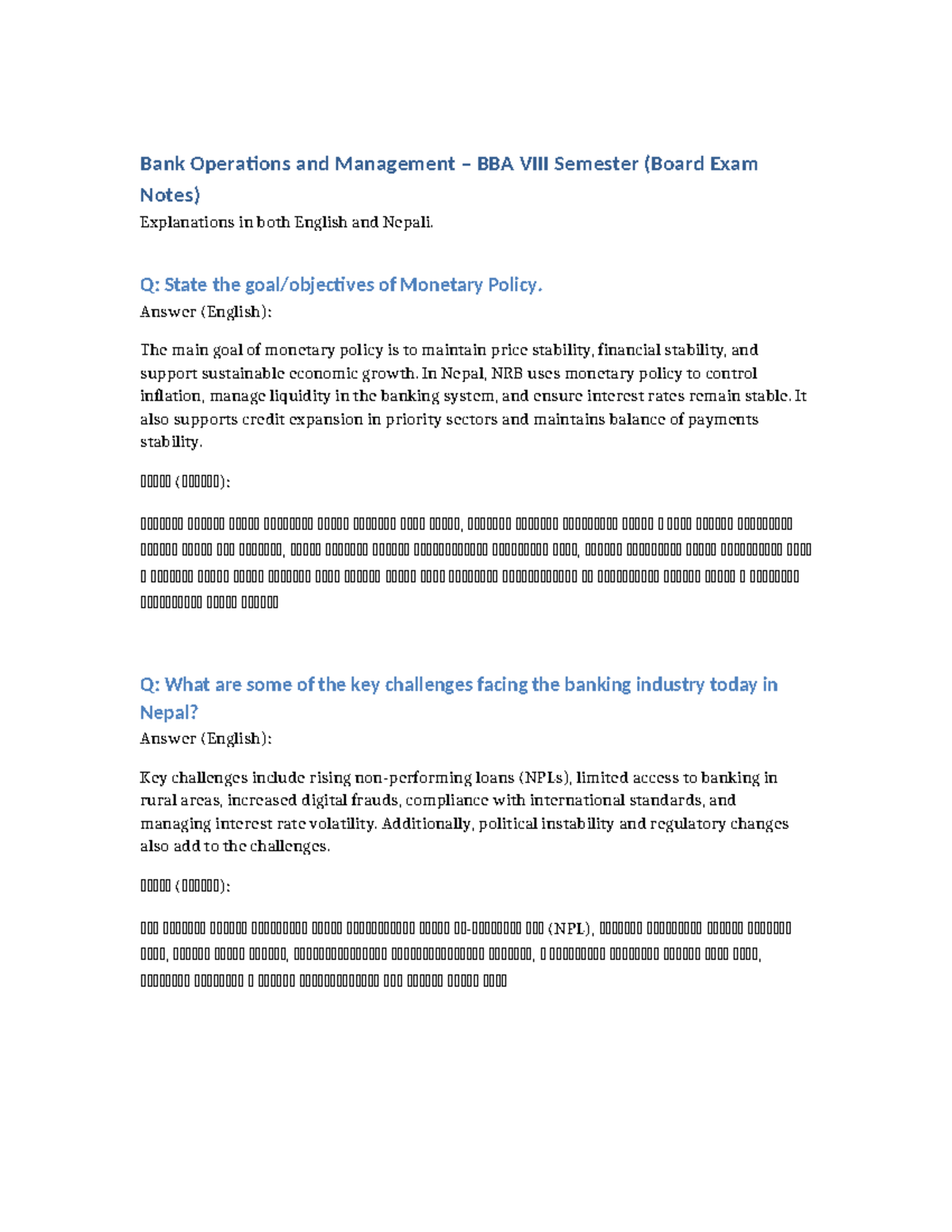 Bank Operations & Management - BBA VIII Sem. Board Exam Notes - Studocu