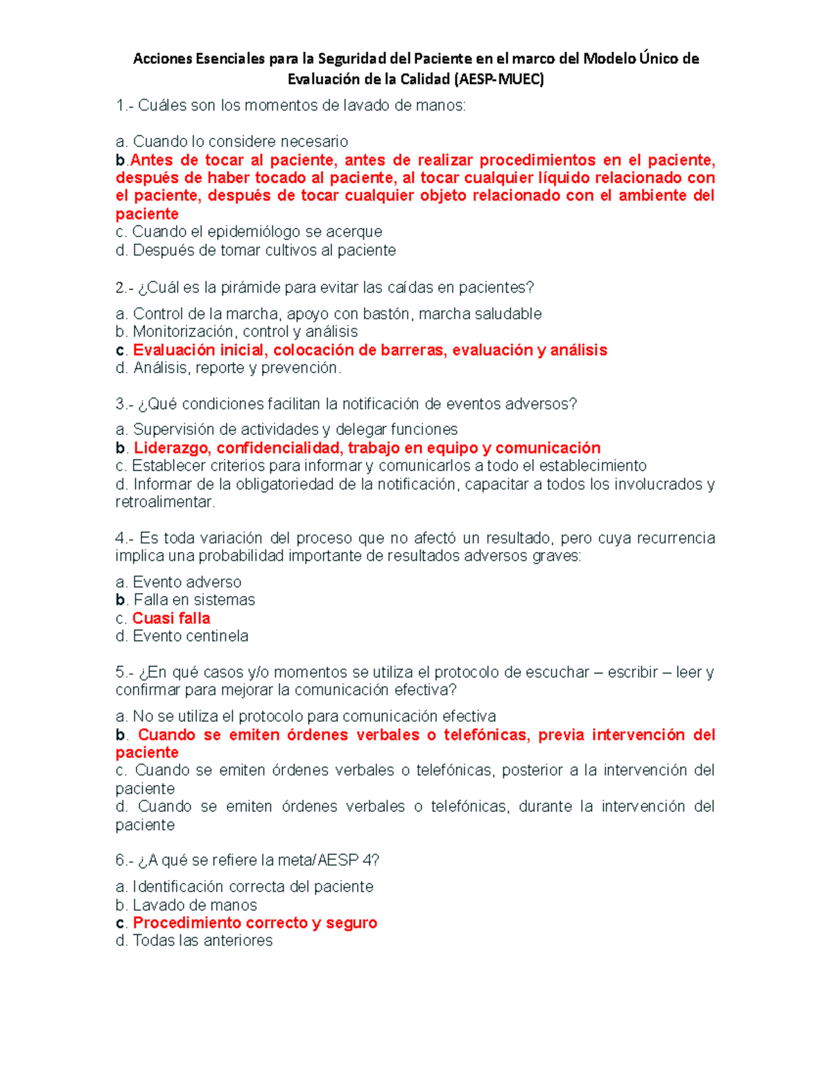 Acciones Esenciales para la Seguridad del Paciente (AESP-MUEC) - Examen ...
