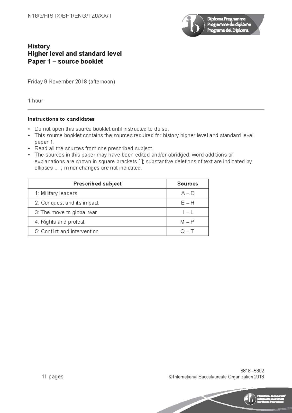 IB History Paper 1 Source Booklet - November 2018 Analysis - Studocu