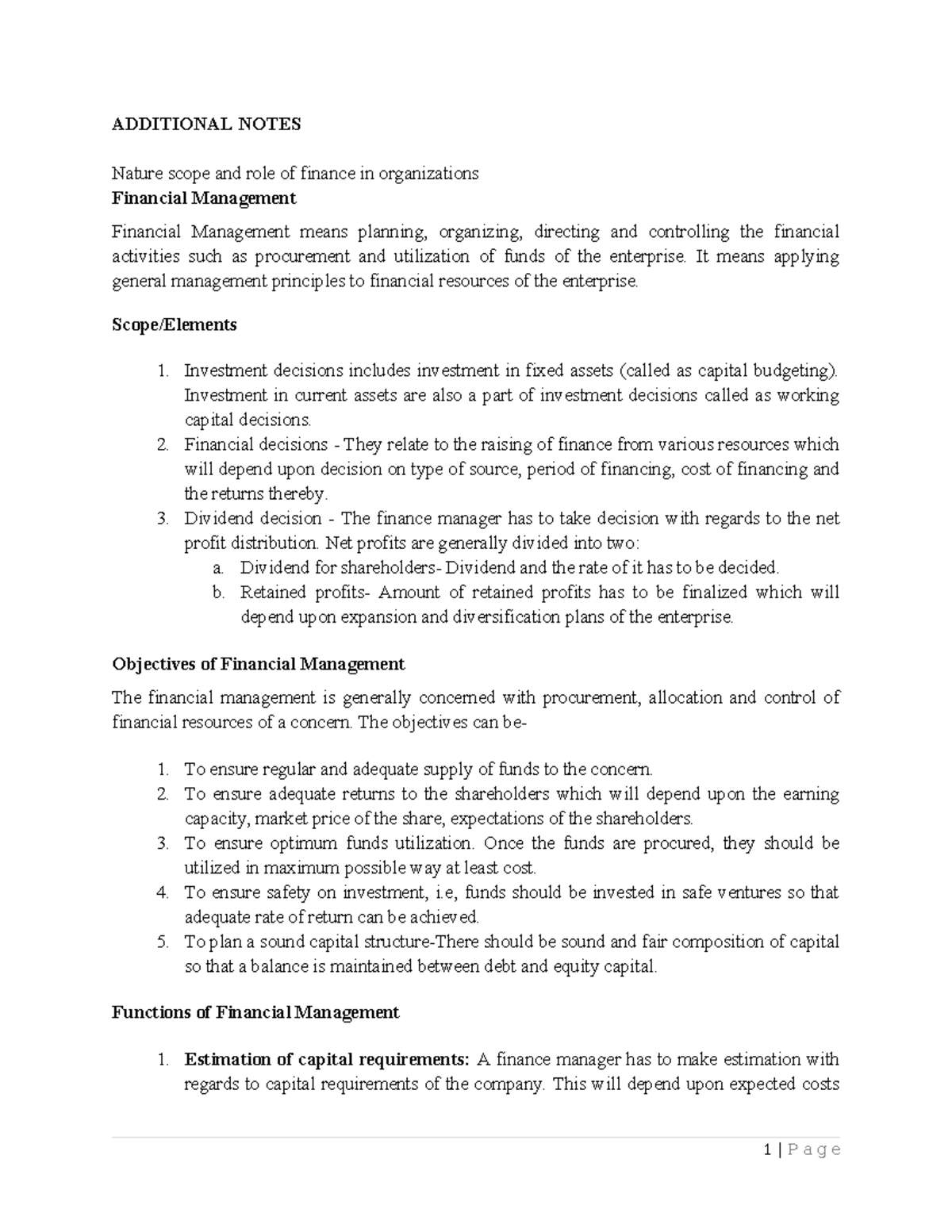Financial Management 1: Nature, Scope, and Functions of Finance - Studocu