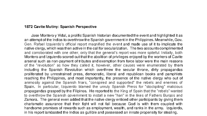 1872 Cavite Mutiny: Spanish Accounts and Implications - Studocu
