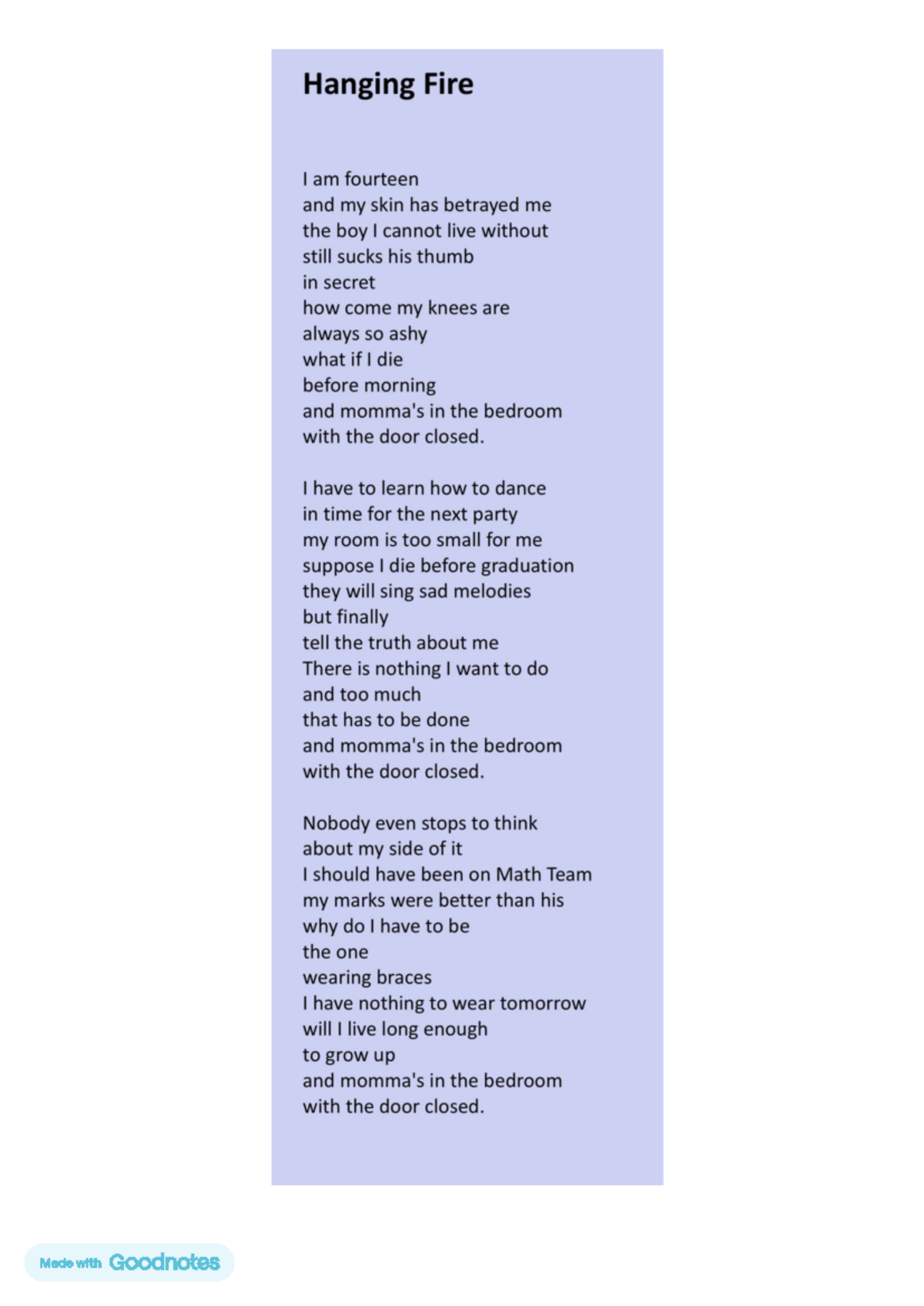 Poem Analysis: Hanging Fire - Help for Understanding - Studocu