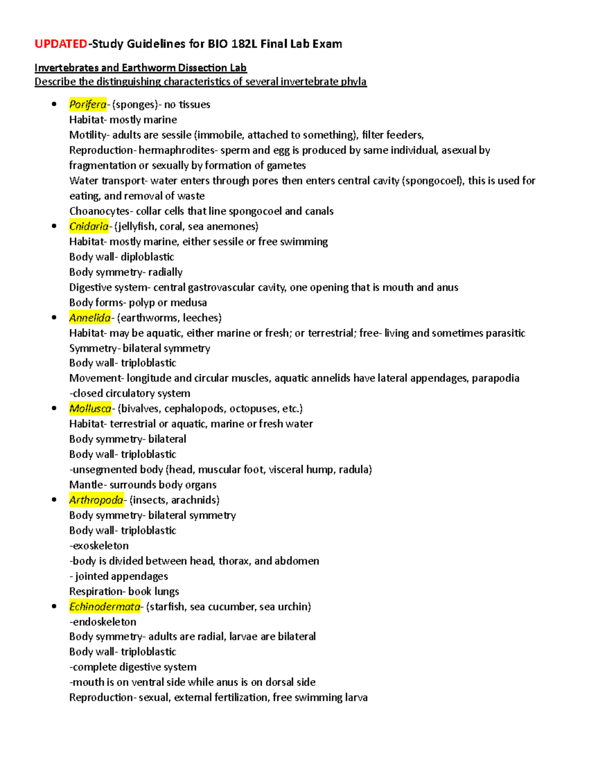 BIO 182L Final Lab Exam Summary: Invertebrates & Fetal Pig Dissection ...