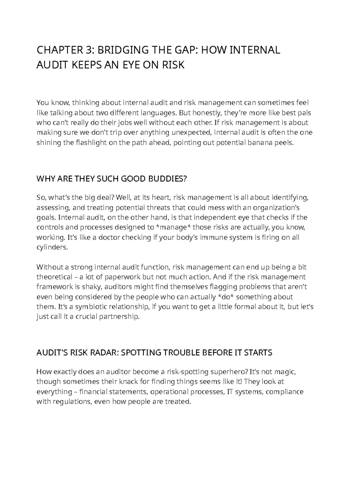 CHAPTER 3: BRIDGING THE GAP IN RISK MANAGEMENT & INTERNAL AUDIT - Studocu