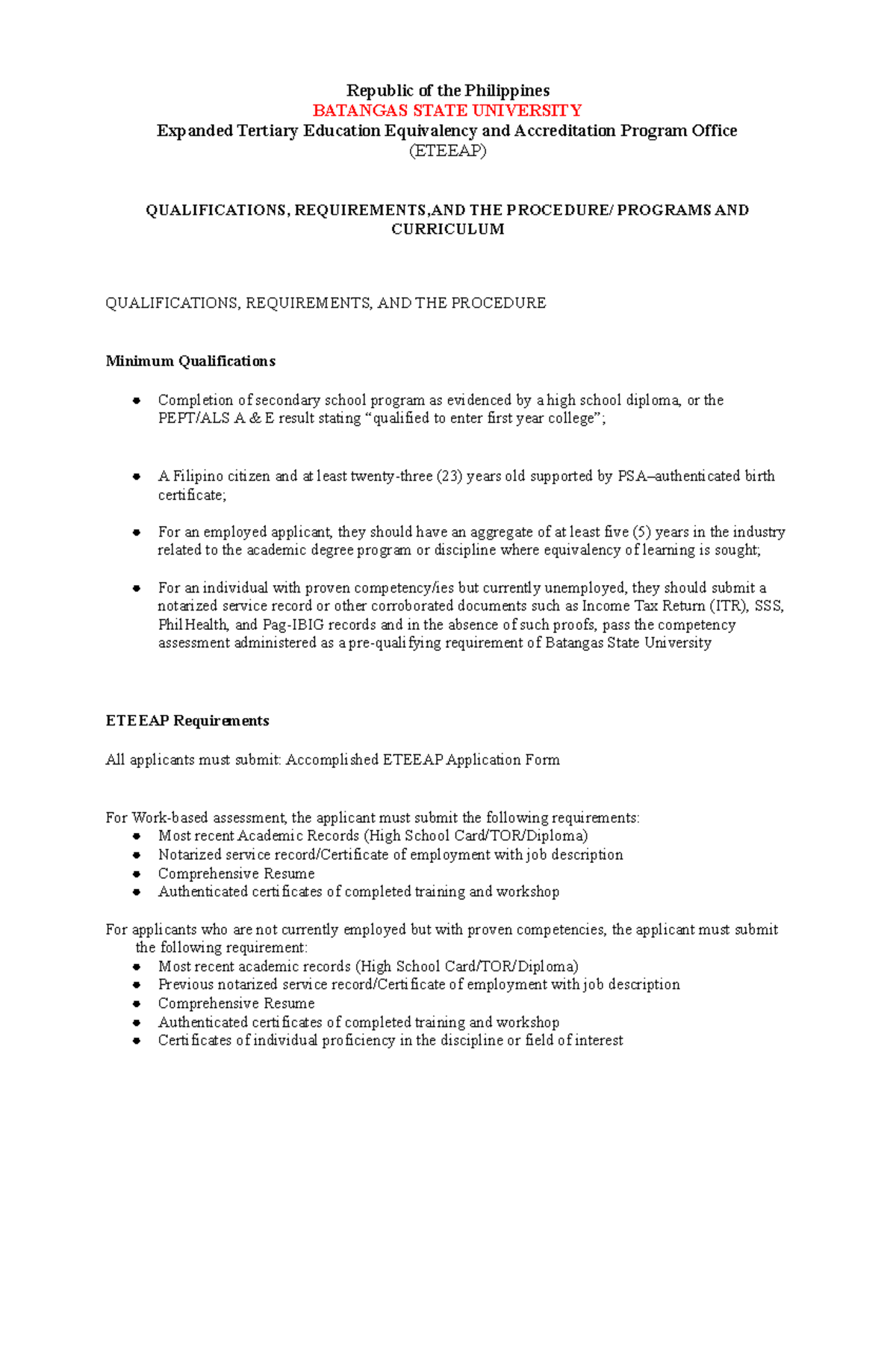 ETEEAP Qualifications & Requirements at Batangas State University - Studocu