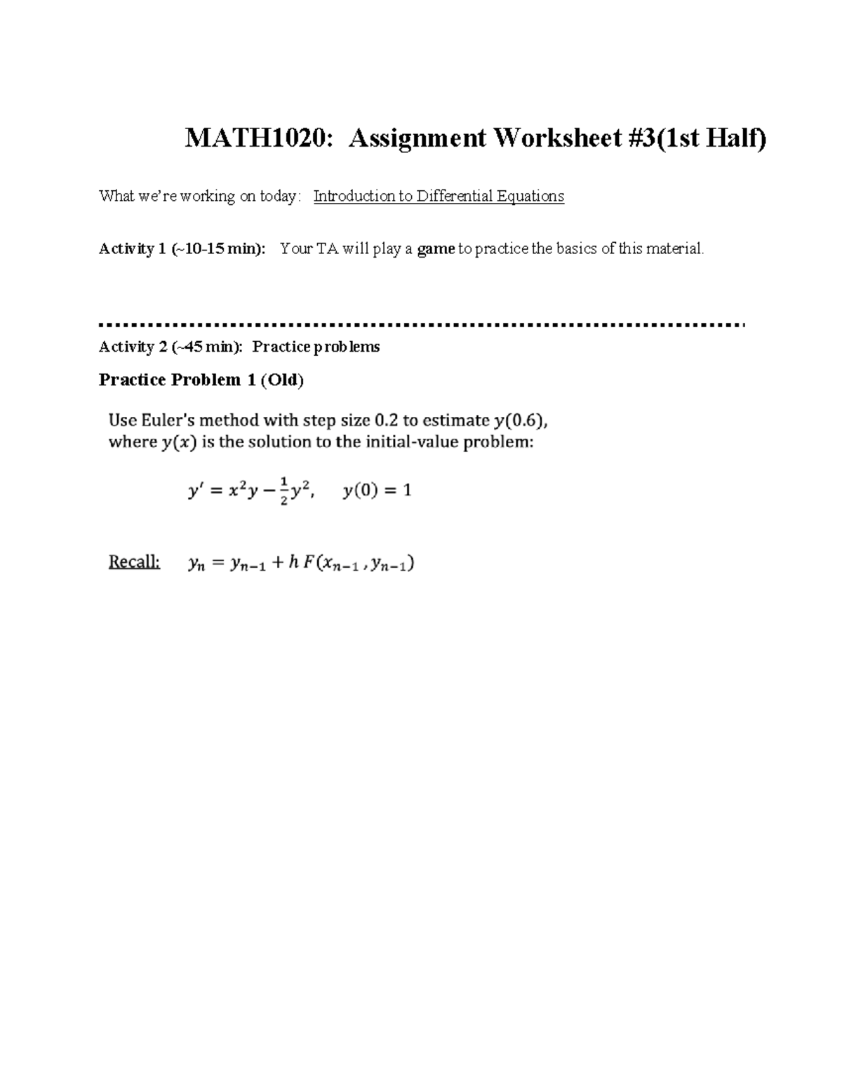 MATH1020: Differential Equations Tutorial 03 Worksheet - Studocu