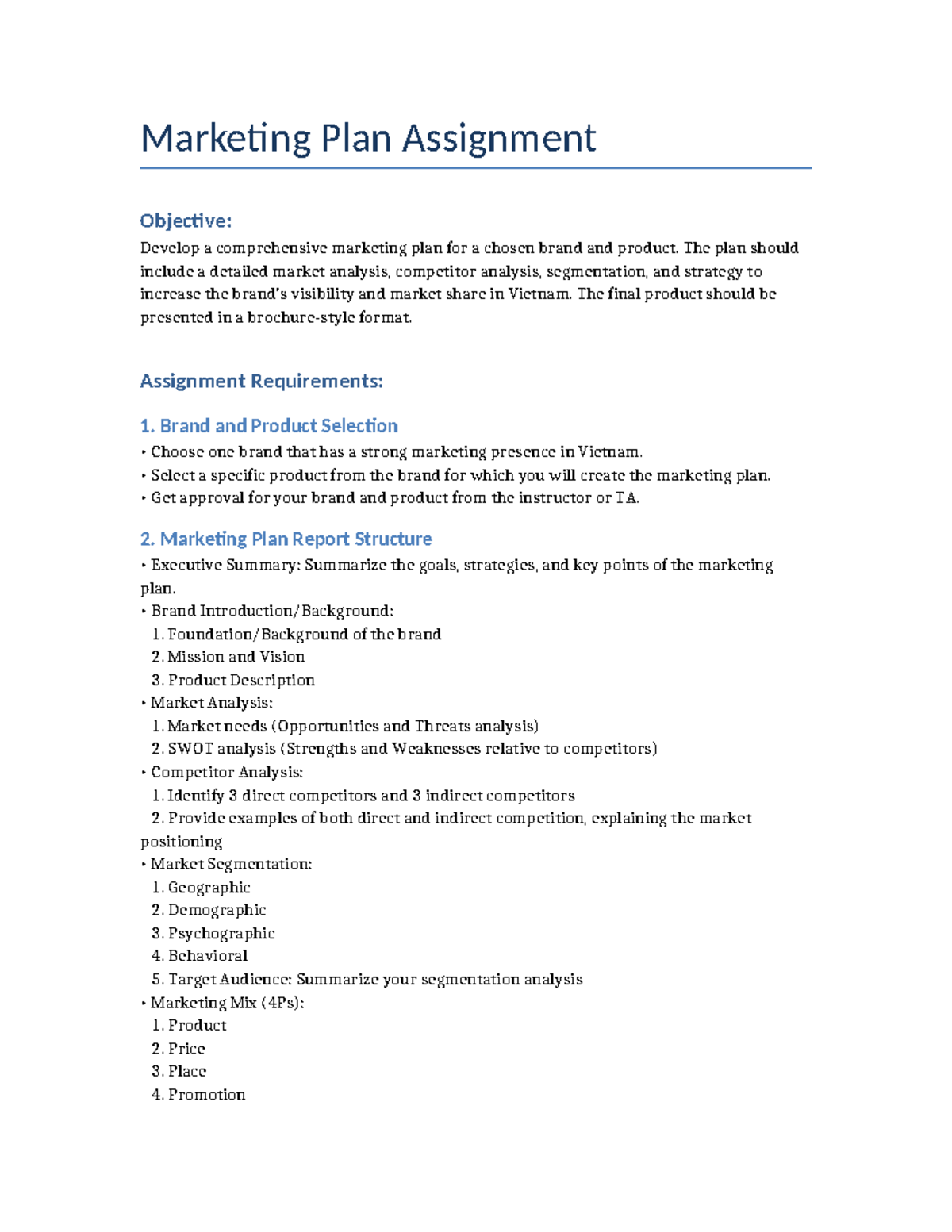 Marketing Plan Assignment - Marketing Plan Assignment Objective ...