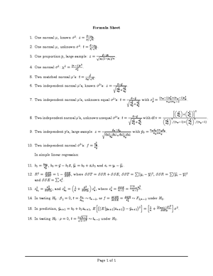 Formula Sheet for Midterm - Analysis of Economic Data - Studocu
