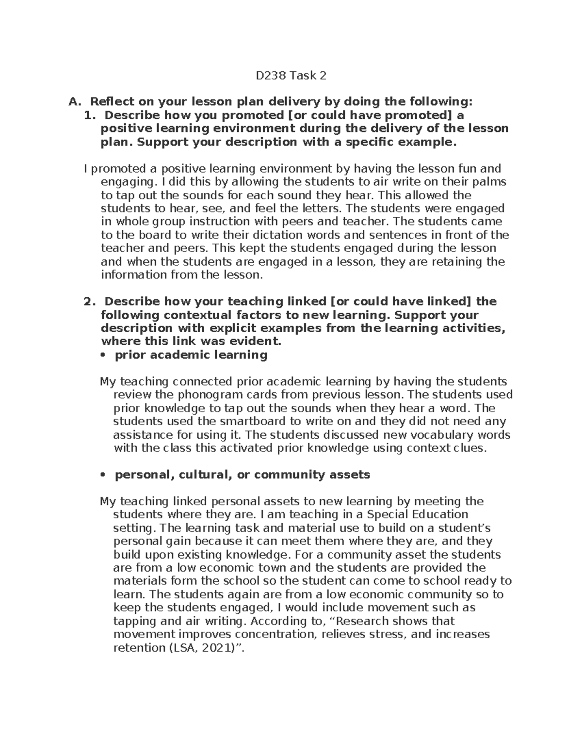 D238 Task 2 Reflection on Lesson Delivery and Student Engagement - Studocu