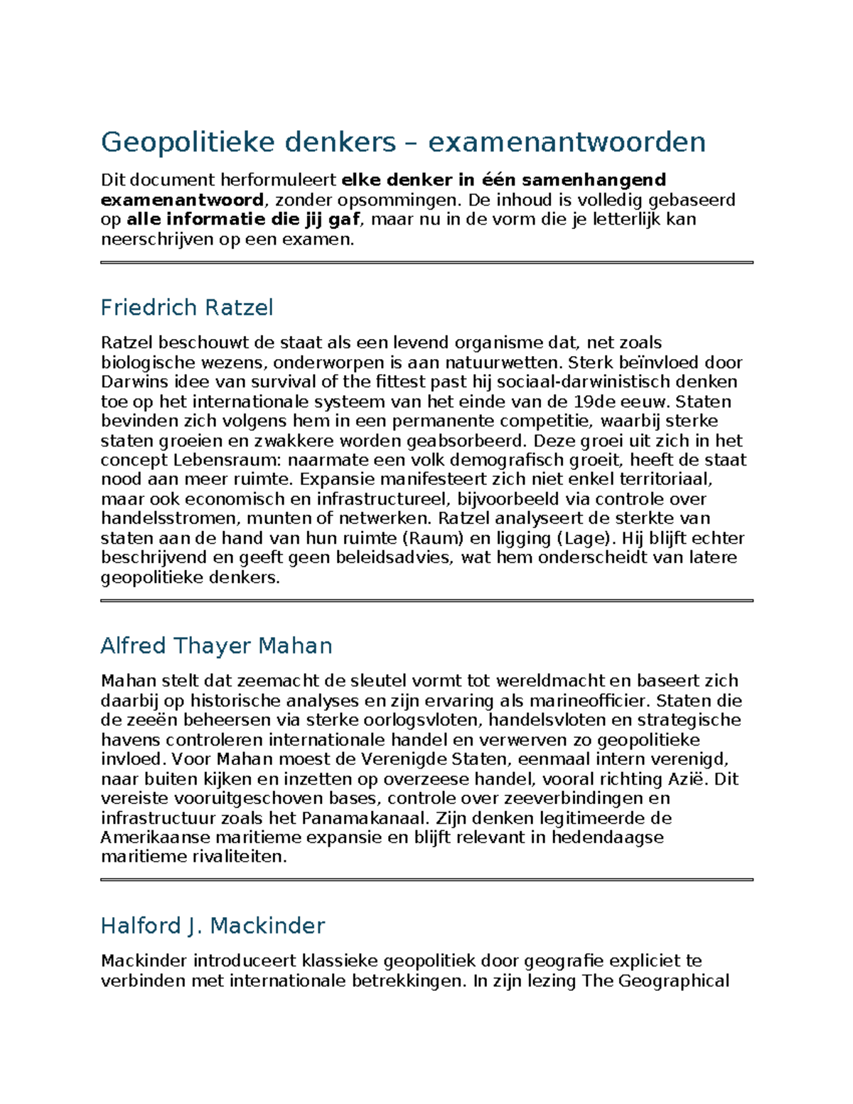 Overzicht van Geopolitieke Denkers: Examenantwoorden en Analyse - Studocu