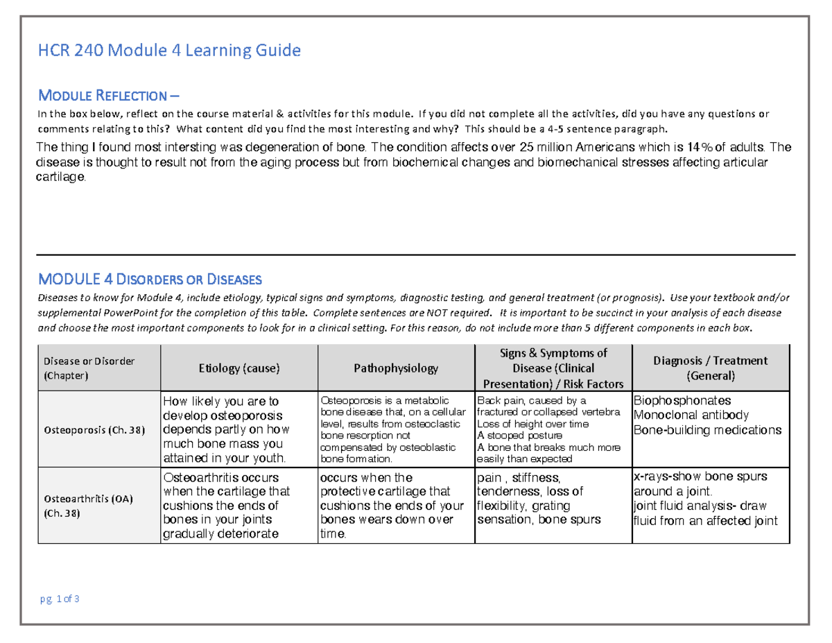 HCR 240 Module 4: Learning Guide on Disorders, Diseases, and Healing ...