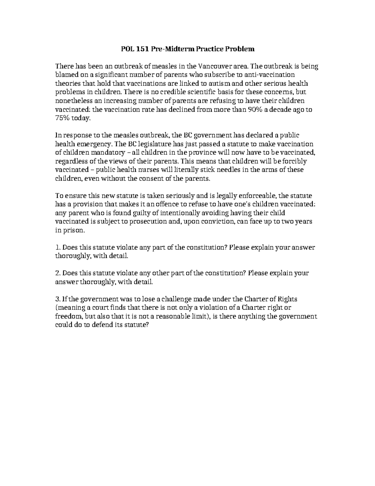 POL 151 Pre-Midterm Practice Problems on Vaccination Statute Issues - Studocu