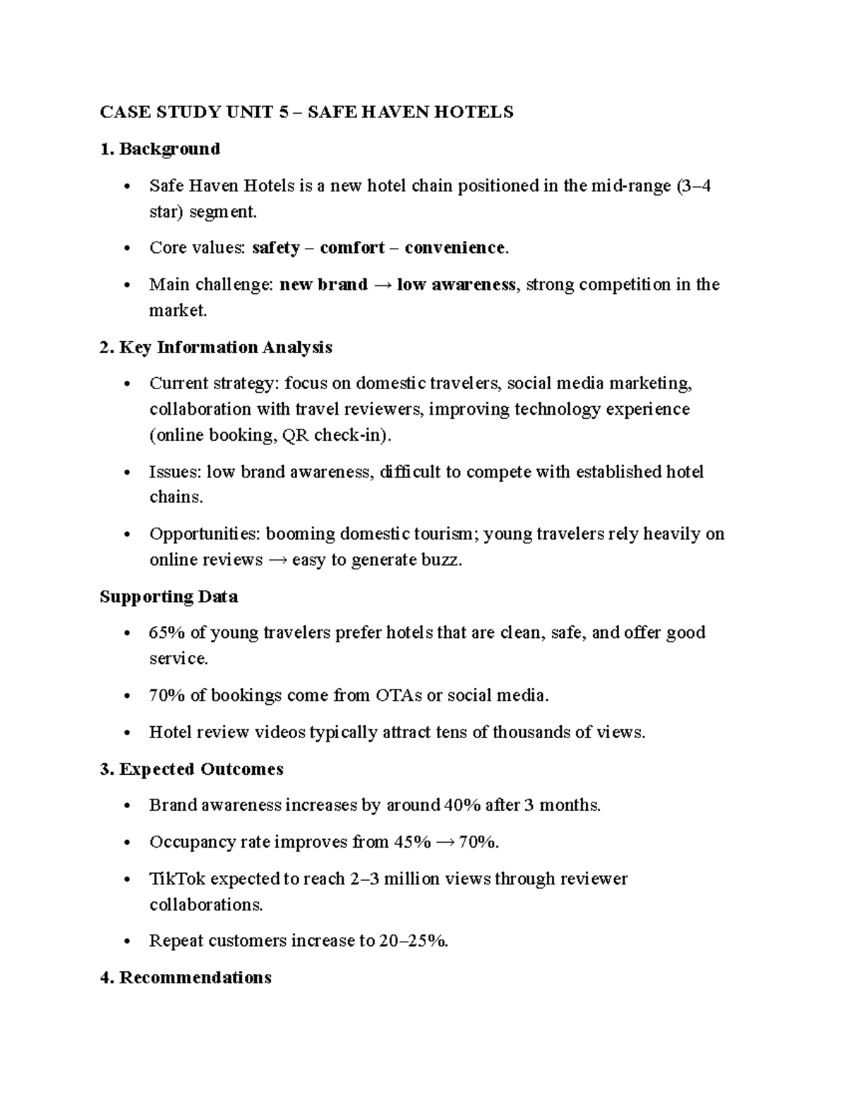 CASE STUDY UNIT 5: STRATEGIES FOR SAFE HAVEN HOTELS - Studocu