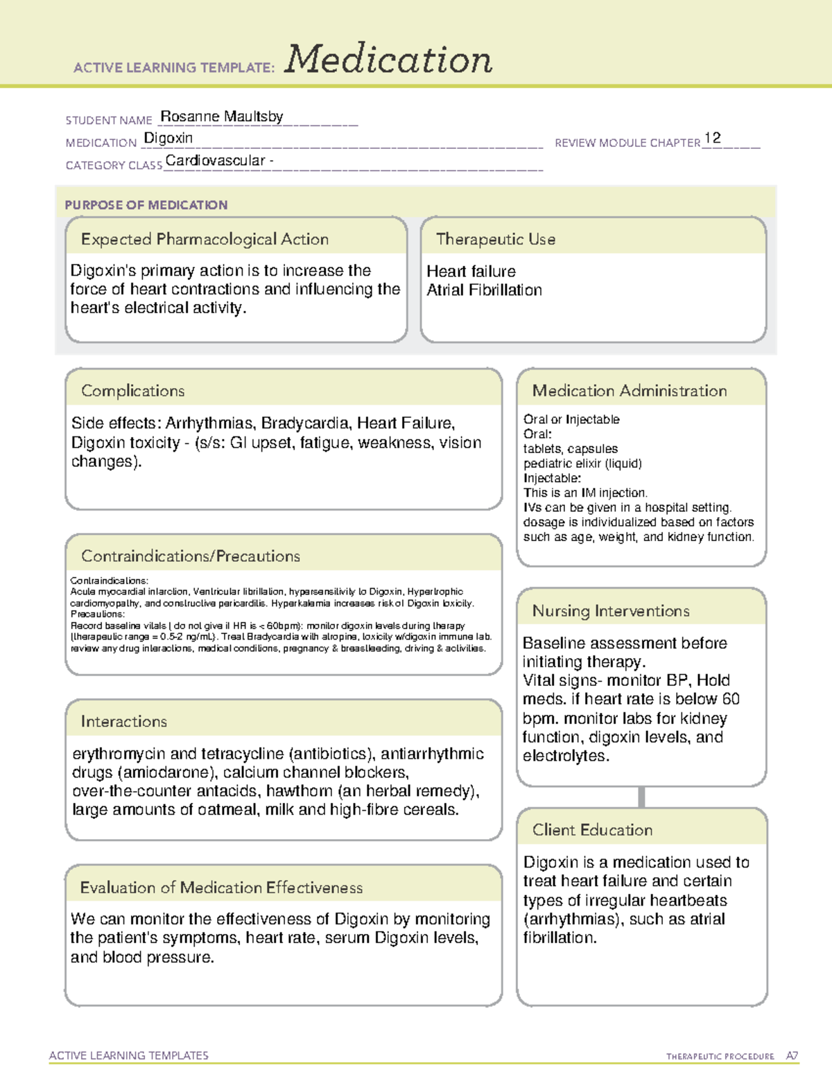 ACTIVE LEARNING TEMPLATE: Digoxin Med Card CH 12 - Cardiovascular ...