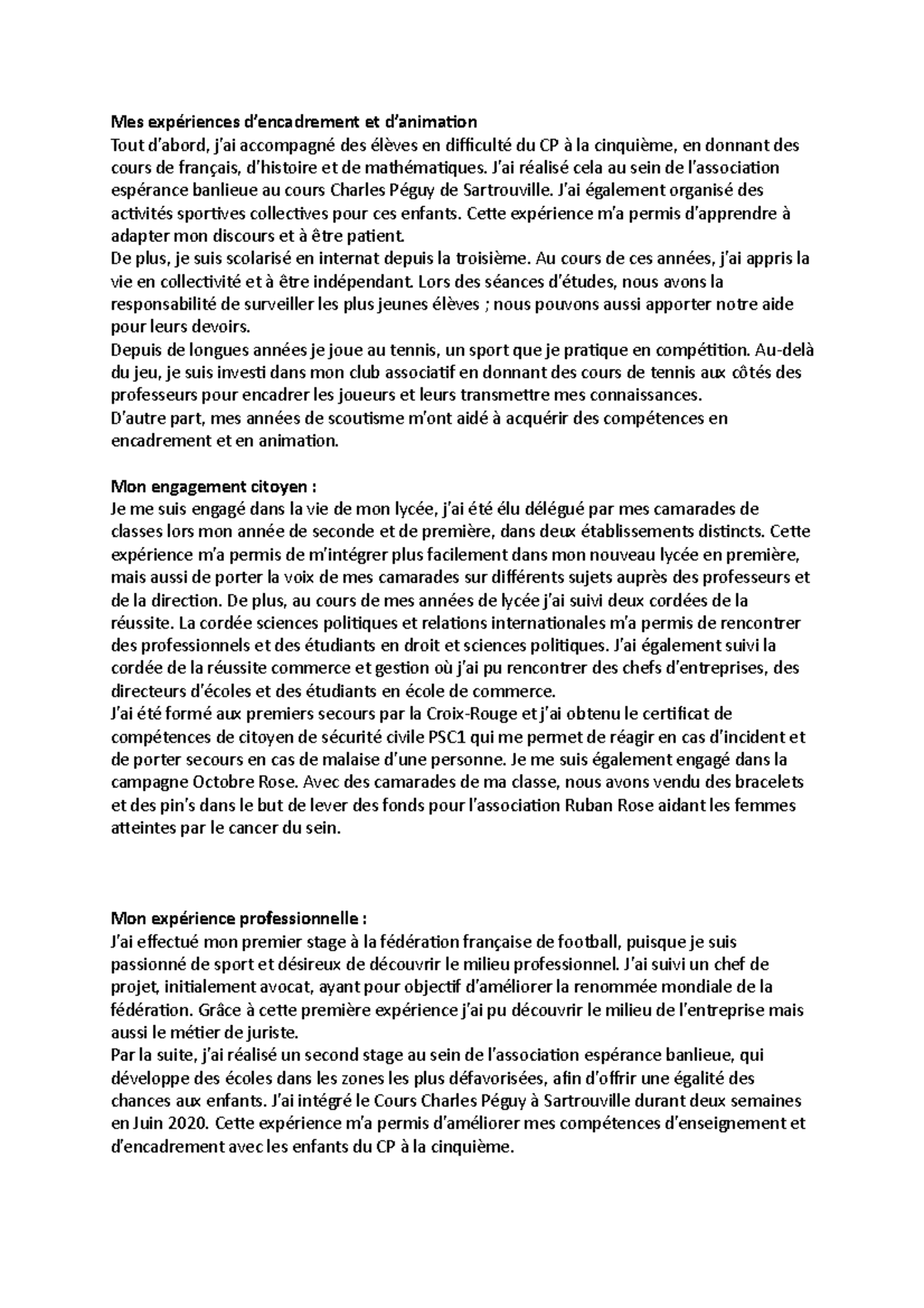 Encadrés parcoursup - rrrrr - Mes expériences d’encadrement et d’animation Tout d’abord, j’ai ...