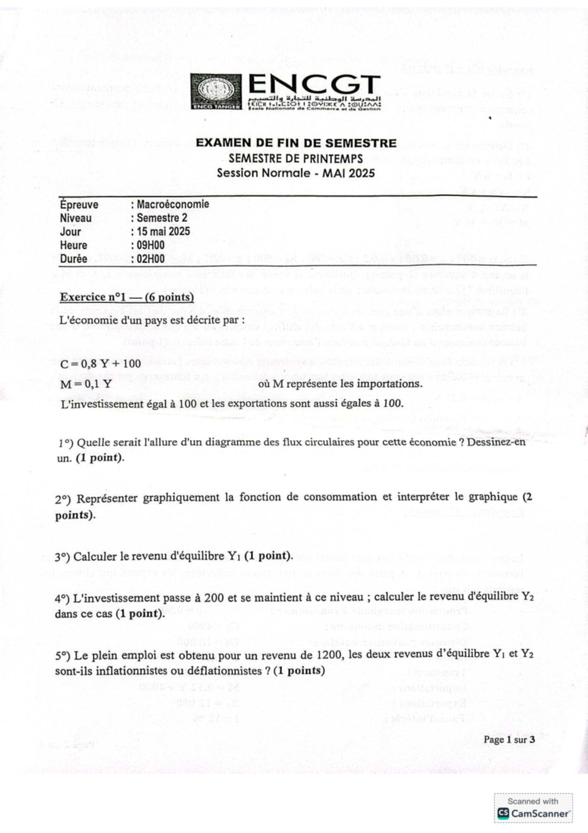 Examen de Fin de Semestre ENCGT 2025 : Macroéconomie Semestre 2 - Studocu