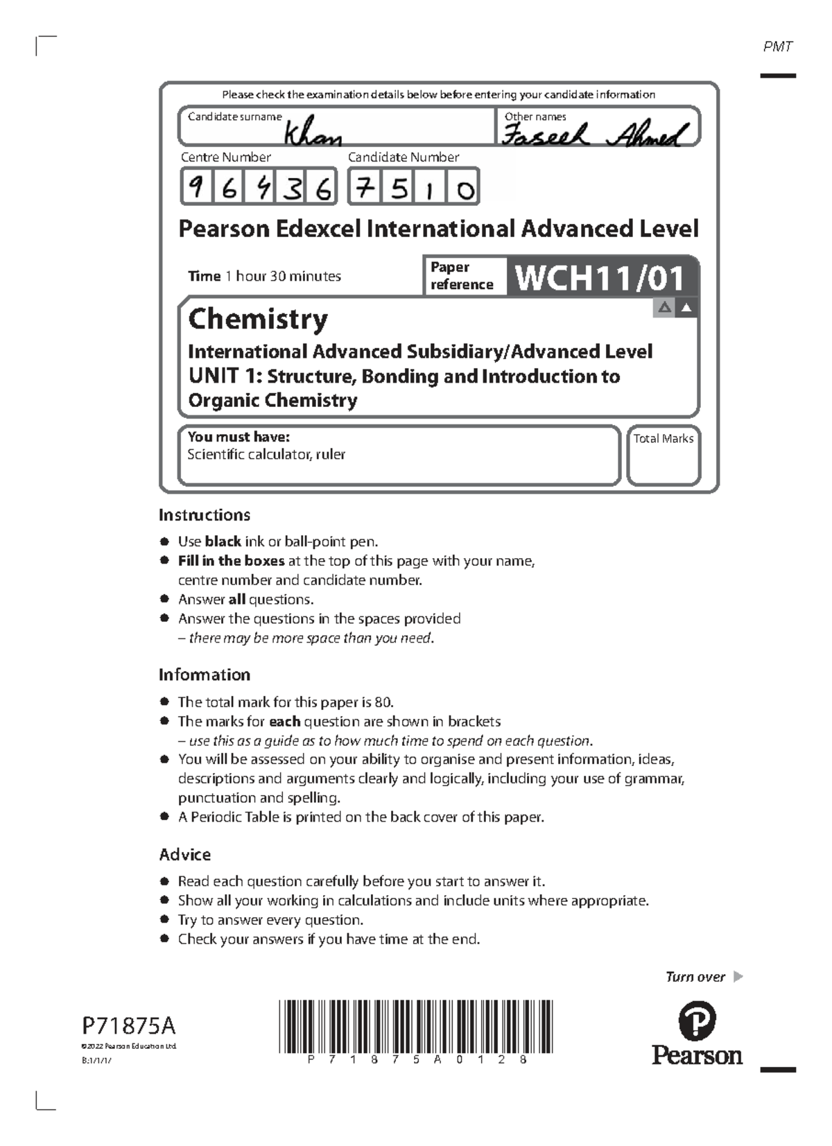 IAL Chemistry Unit 1: Structure, Bonding & Organic Chemistry Exam 2022 ...