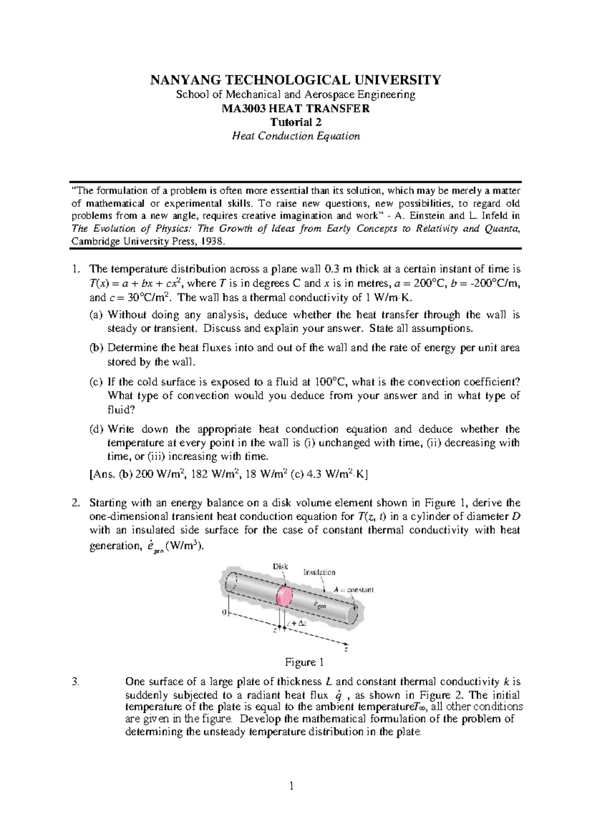 MA3003 Heat Transfer Tutorial 2: Heat Conduction Analysis - Studocu