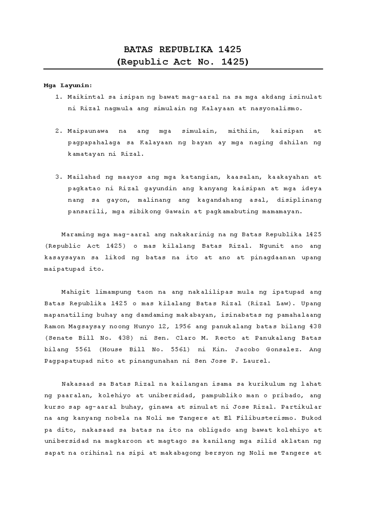 Batas Republika 1425 - BATAS REPUBLIKA 1425 (Republic Act No. 1425) Mga ...