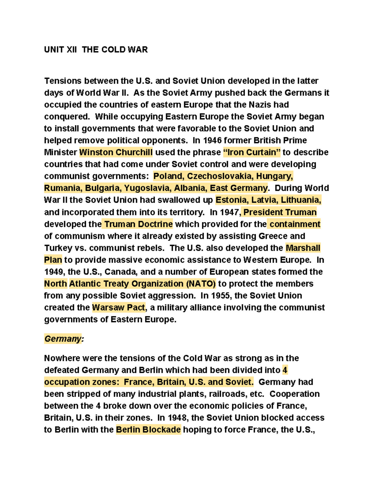 Unit XII: The Cold War - tensions, events, and key moments - Studocu