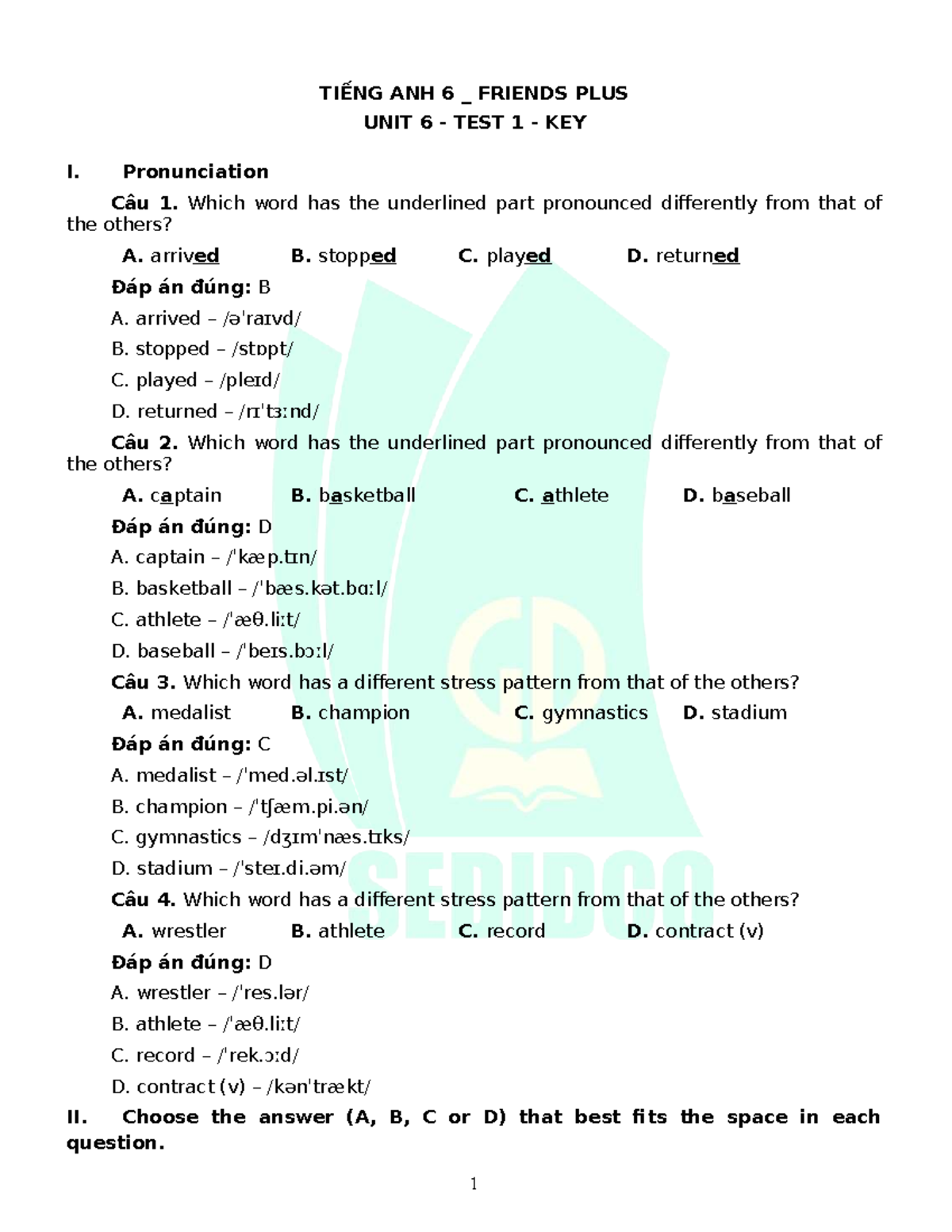 TIẾNG ANH 6 _ FRIENDS PLUS UNIT 6 TEST 1 ANSWER KEY - Studocu