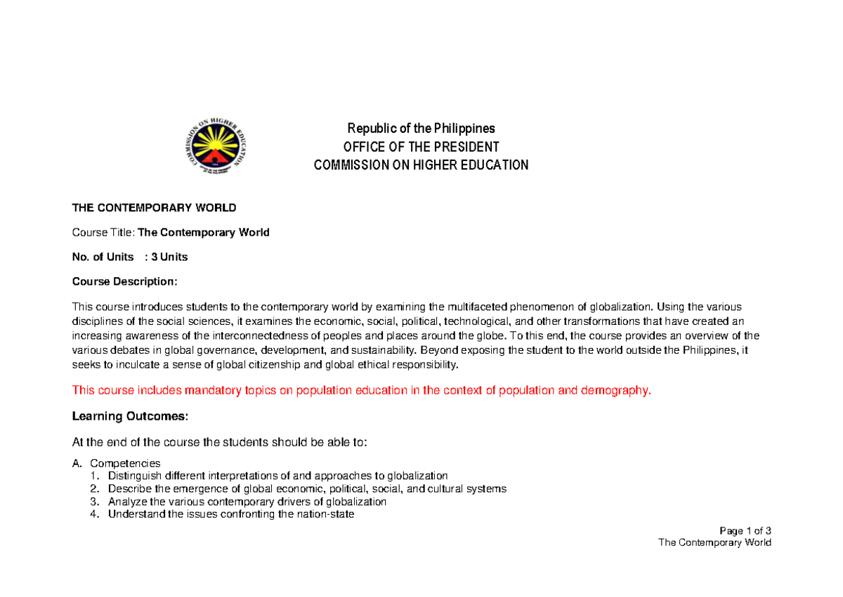 Contemporary World Course Outline and Learning Plan (GE 2023) - Studocu