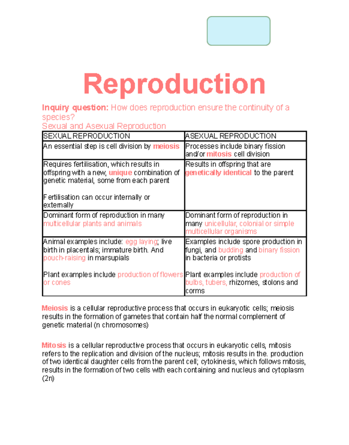 Full Course Notes - Year 12 HSC BIo - Reproduction ####### Inquiry ...